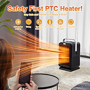 ZTAB Space Heater Indoor use, 1000W PTC Ceramic Electric Heater indoor with Remote, 90°Oscillating, Fast Safety Heater, Portable Desk Heater for Bedroom, Office, Home, Black