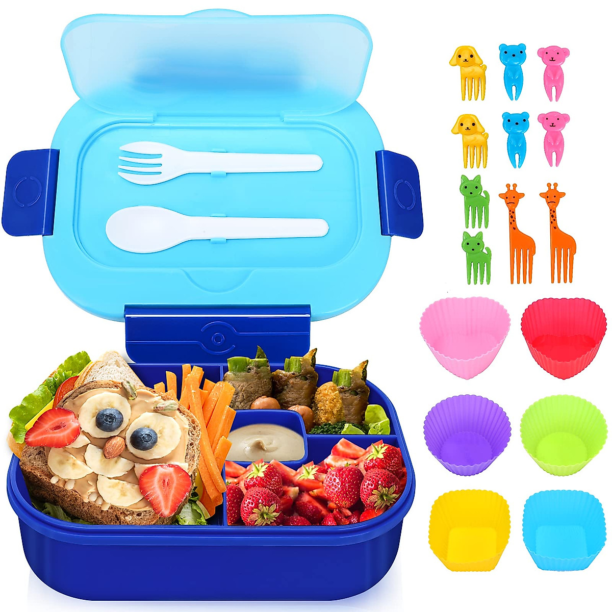 Lunch Box Kids, Bento Lunch Box for Kids Adult, Lunch Box Containers for Girls Boys Teen, 1300ML 4 Compartment Bento Box w/ Food Picks Cake Cups, Microwave/Dishwasher/Freezer Safe, BPA Free, Blue