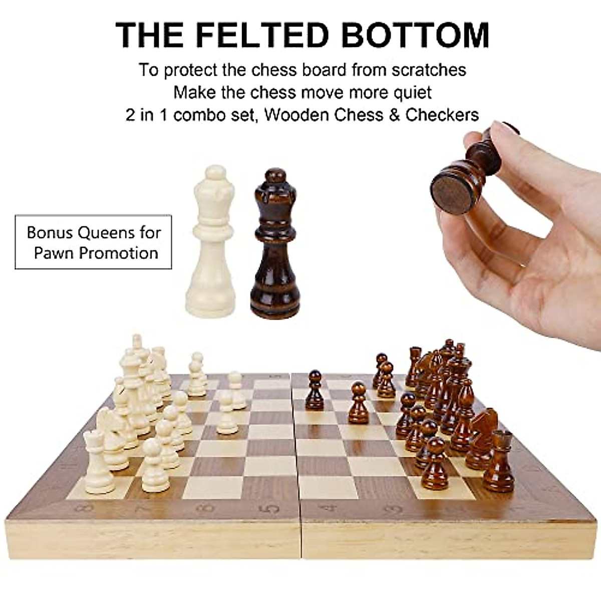 Juegoal 17" Wooden Chess & Checkers Set, 2 in 1 Board Games for Kids and Adults, with Felted Game Board Interior for Storage, Travel Portable Folding Chess Game Sets, 2 Extra Queen, 24 Checkers Pieces