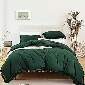 Smoofy Queen Duvet Cover Emerald Green Duvet Cover Queen Size, 3 Pcs Bohemian Fringe Tufted Soft Tassel Microfiber Dark Green Duvet Cover with Zipper Closure (1 Duvet Cover, 2 Pillowcases)