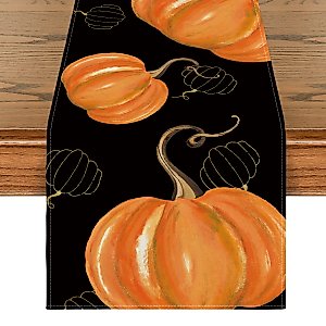 Artoid Mode Watercolor Orange Pumpkins Hollow Squashes Thanksgiving Table Runner Black, Seasonal Fall Harvest Halloween Kitchen Dining Table Decoration for Indoor Outdoor Home Party Decor 13 x 72 Inch