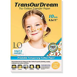 TransOurDream Printable Temporary Tattoo Transfer Paper for Inkjet & Laserjet Printer (A+B per Set, 10 Sets, 8.5X11'') DIY Personalized Tattoo Paper for Skin (TOD-TAT-1-10)