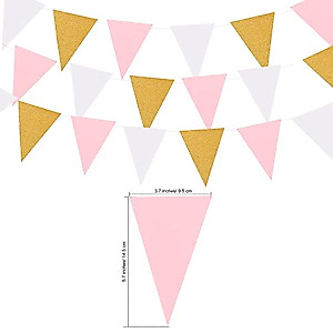 MerryNine Triangle Flag Bunting Banner, 3 Pack 30 Feet Vintage Style Pennant Banner for Wedding, Baby Shower, Event & Party Supplies 45pcs Flags (Triangle Flag - Pink White Gold Glitter)