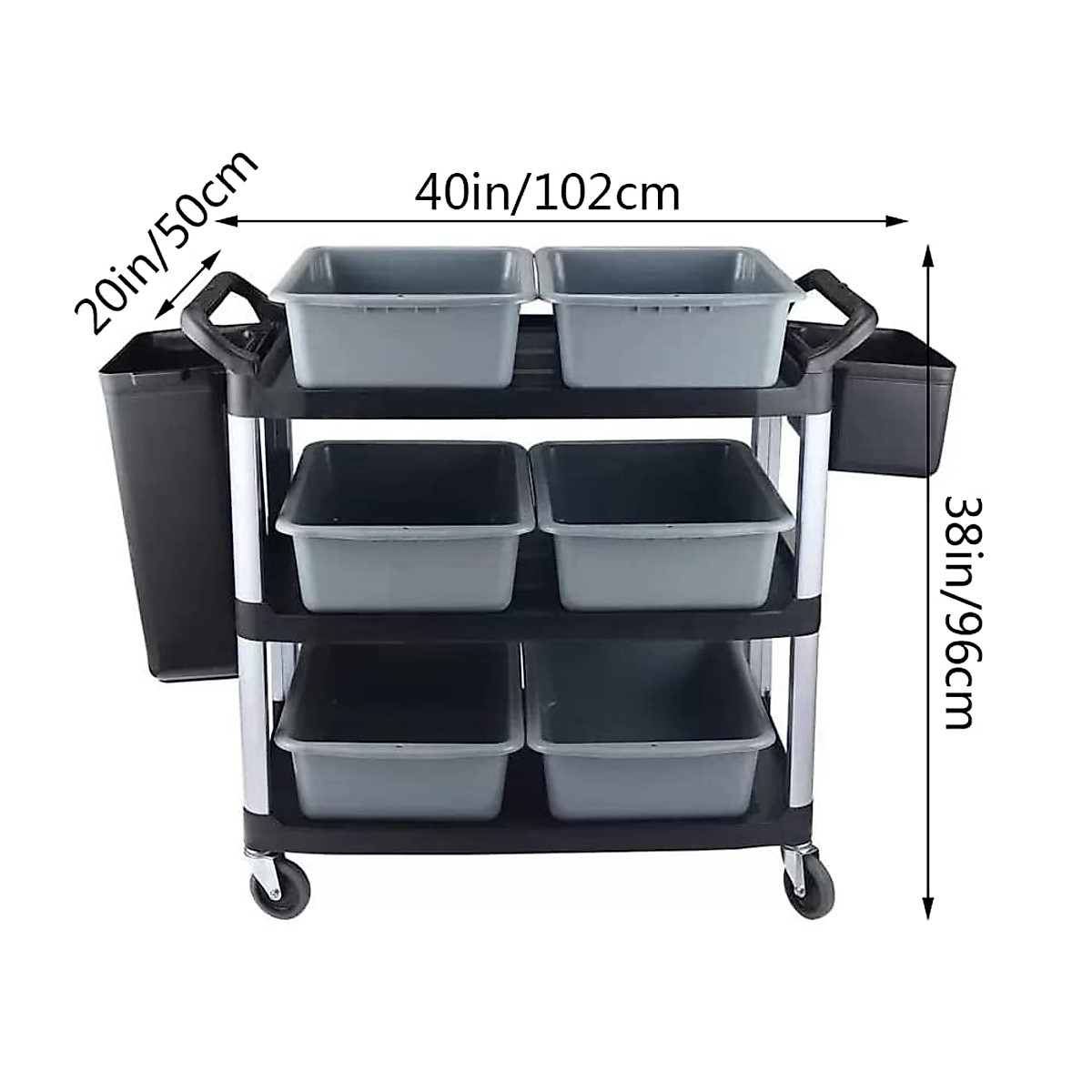 Storage Cart 3 Tier Heavy Duty Commercial Grade Utility Cart,Dish Cart for Restaurant,Multi-Function Mobile Shelving Unit Organizer for Hotel,Restaurant,Kitchen,Laundry Room with 6 Basin 2 Barrels