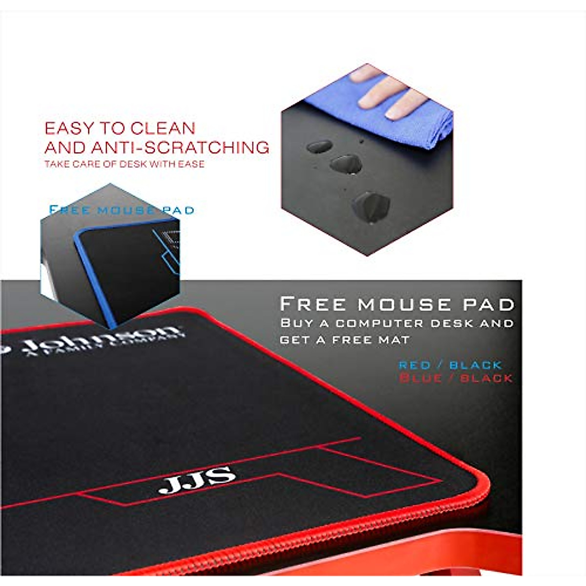 JJS 48" Home Office Gaming Computer Desk, R Shaped Large Gamer Workstation PC Table with Cup Holder Headphone Hook Free Mouse pad, Black/Red