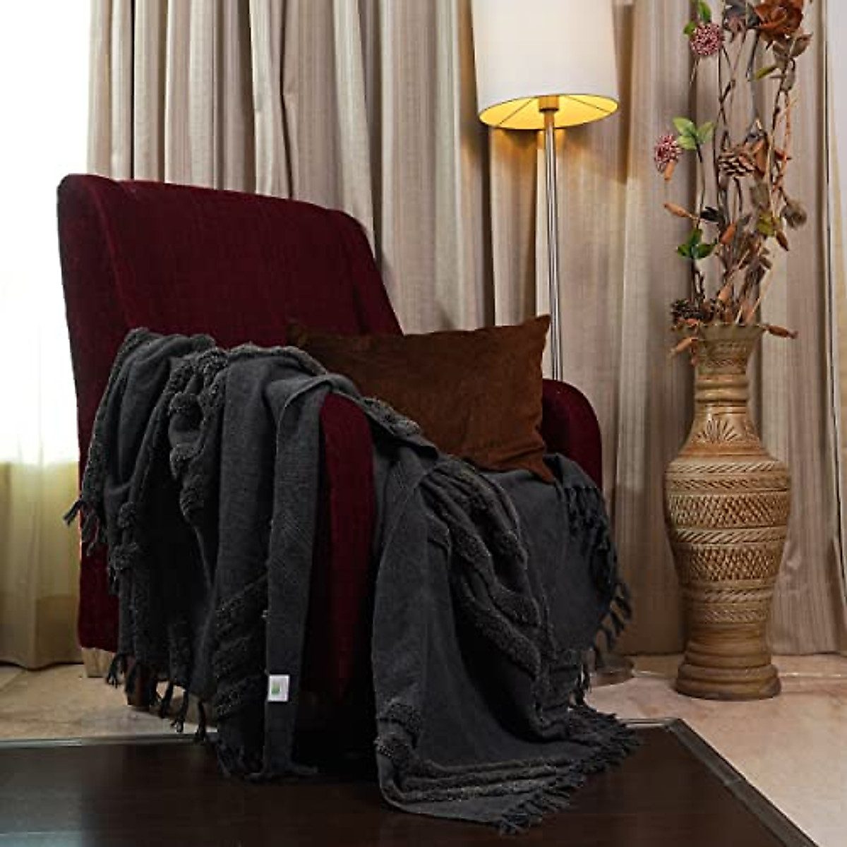 HOMEMONDE Rustic Farmhouse Throw Blankets Charcoal Gray for Couch Hand Woven Tufted Soft & Cozy Blanket - 70x50 Inches