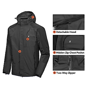 Little Donkey Andy Men's 3 in 1 Winter Ski Jacket Warm Fleece Liner Jacket Waterproof Windproof Snow Coat & Detachable Hood Grey/Black XL