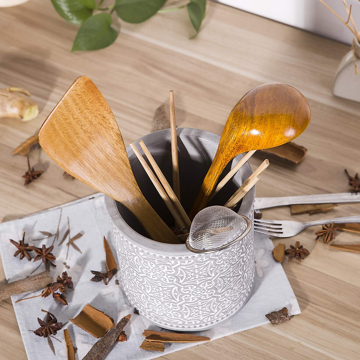 MADECO Farmhouse Kitchen Utensil Holder, Large Utensil Holders for Countertop, Ceramic Utensil Crock, Cooking Utensil Holder, Embossed Pattern