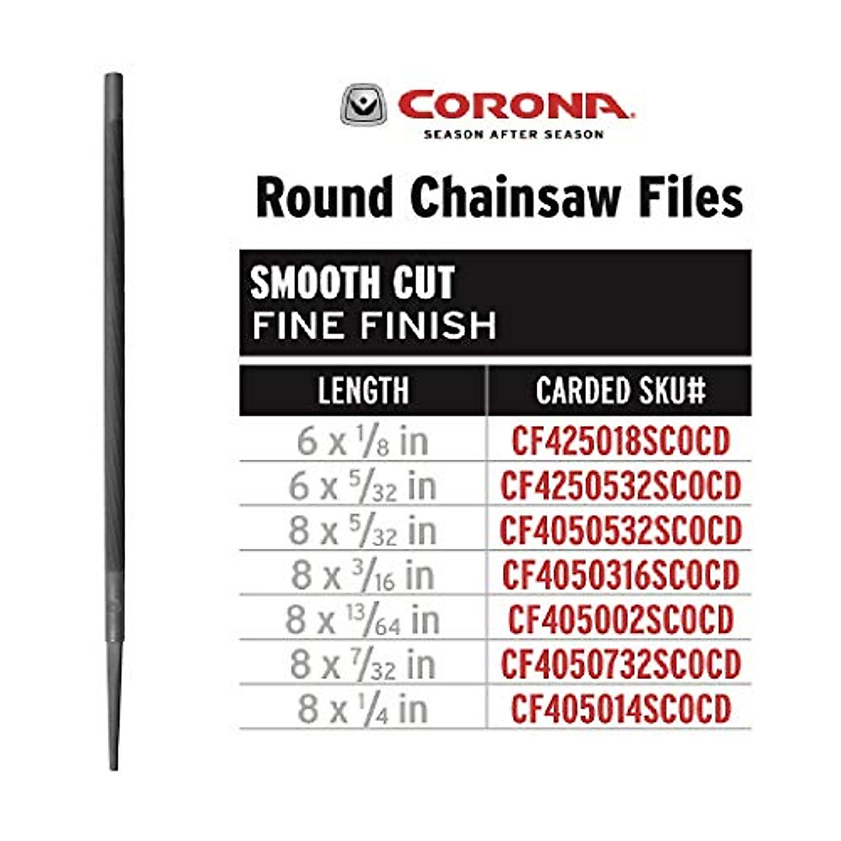Corona CF4050732SC0CD Round Chainsaw Smooth Cut File Carded, 8-Inch by 7/32-Inch