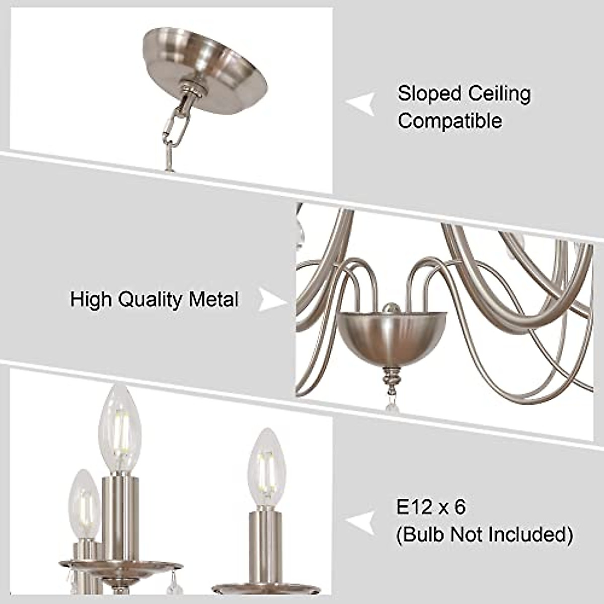 oulok 6-Light Crystal Candle Chandeliers Modern Ceiling Lighting Fixtures Brushed Nickel Pendant Lights for Living Room Bedroom