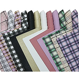 OZXCHIXU 12 Pcs/Set Plaid & Solid Colors Faux Leather Sheets,Grain Texture Embossed Leather Bundle Set 8" x 12" A4 Checks Printed Mixed Colors Synthetic Leather for Earring Bows Making DIY Crafts