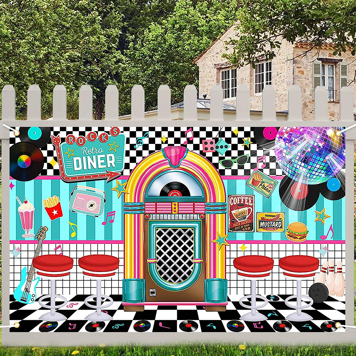 Avezano 50s Retro Diner Party Backdrop 50s Retro Rock and Roll Diner Classic Party Decoration Banner 1950s Sock Hop Party Decor 70.8 x 43.3 Inch