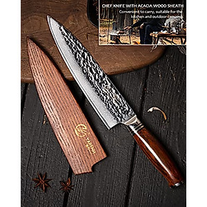 YARENH Chef Knife 8 Inch with Wood Sheath, Japanese Damascus High Carbon Stainless Steel, Full Tang Sandalwood Handle, Professional Kitchen Knife
