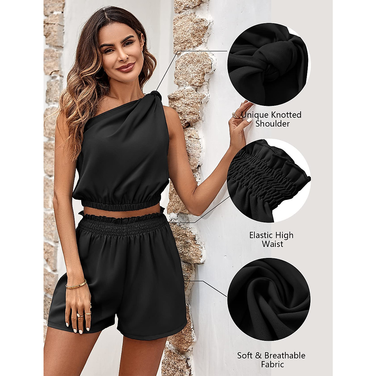 Yimoon Women's Summer 2 Piece Outfits Shorts Sets One Shoulder Sleeveless Crop Top Tank and High Waist Shorts Lounge Set(Black-XL)