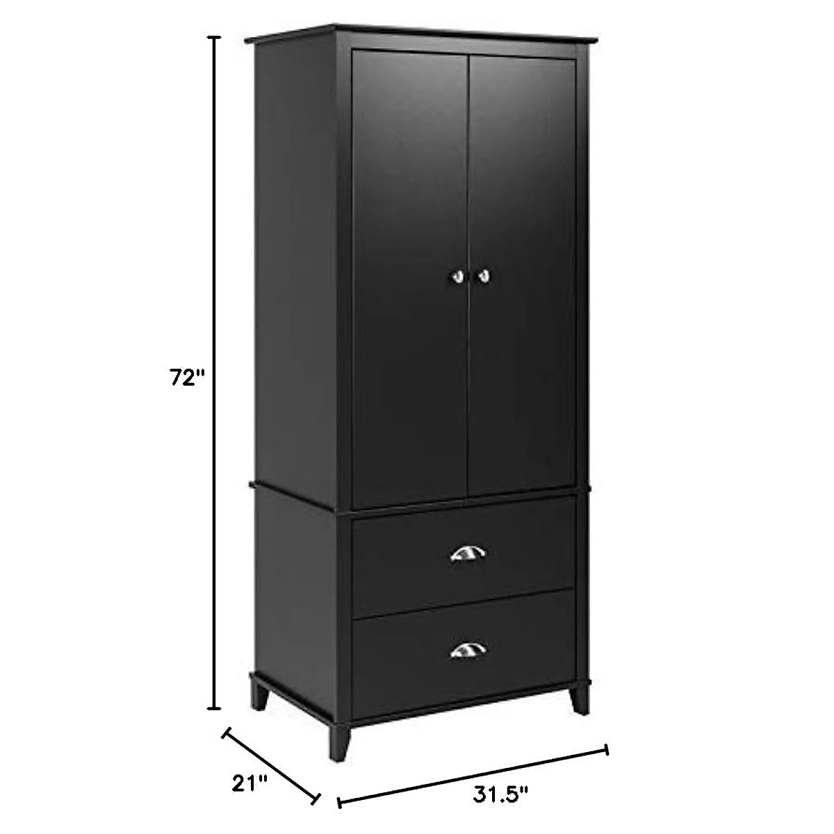 Prepac Yaletown Traditional Wardrobe Closet with Drawers and 2 Doors, Stylish 2-Door Armoire Portable Closet 21" D x 31.5" W x 72" H, Black, BABH-1205-2K