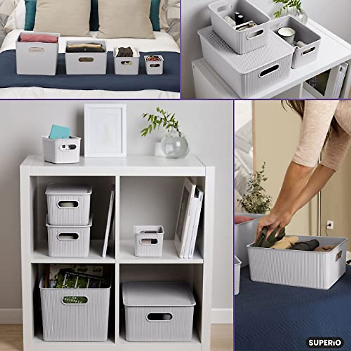 Superio Decorative Plastic Lidded Home Storage Bins Organizer Baskets, Large White Smoke (1 Pack - 15 Liter) Stackable Container Box, for Organizing Closet Shelves Drawer Shelf - Ribbed Collection