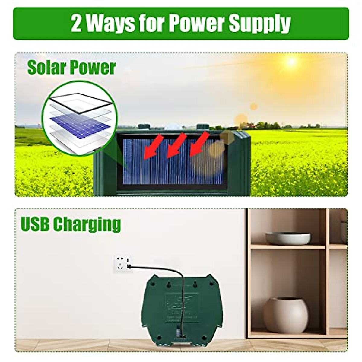 Ultrasonic Animal Repeller Outdoor Waterproof Solar Animal Deterrent with Motion Sensor and Flashing Lights, Farm Garden Yard Repellent for Cat Rodent Squirrel Dog Rabbit Raccoon Skunk Fox Deer etc