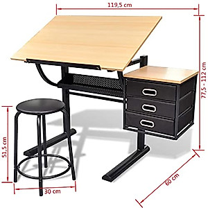 vidaXL Adjustable Drawing Table with Stool 3 Drawers Tiltable Iron Drafting Table Drawing Work Station Art Craft Student Office Desk