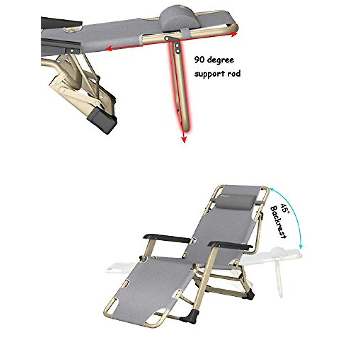 Oversize XL Reclining Chair Folding Zero Gravity Lounge Chair Deck Chairs Cotton Cushion for Garden Outdoor Patio Sun Loungers Bed Recliner Loading up to 300kg with Head Pillow in Gray