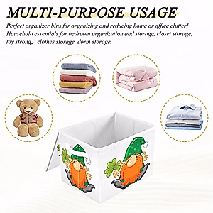 Kigai St.patrick's Day Cute Gnome Storage Basket with Lid,Collapsible Storage Box Fabric Storage Bin for Closet,Office,Bedroom,Nursery