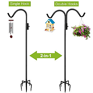 Tuohours 92 Inch Double Shepherd Hook Stand for Outdoor Birdfeeder, Adjustable Two Sided Garden Bird Feeder Pole Holder for Birdhouse Planter Solar Light Lantern, Black, 1 Pack