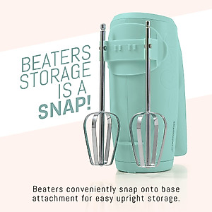 Elite Gourmet EHM003M Maxi-Matic Ultra Power Electric 5-Speed Kitchen Hand Mixer with 2 Extra Wide Stainless Steel Smooth Creamy Whipped Mixtures Plus Convenient, Beater Storage, Mint Blue