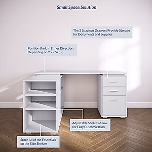 BELLEZE L Shaped Computer Desk, 60” Study Writing Table Home Office Desk Morden Corner Workstation Setup with Adjustable Storage Shelves and 3 Drawers, White