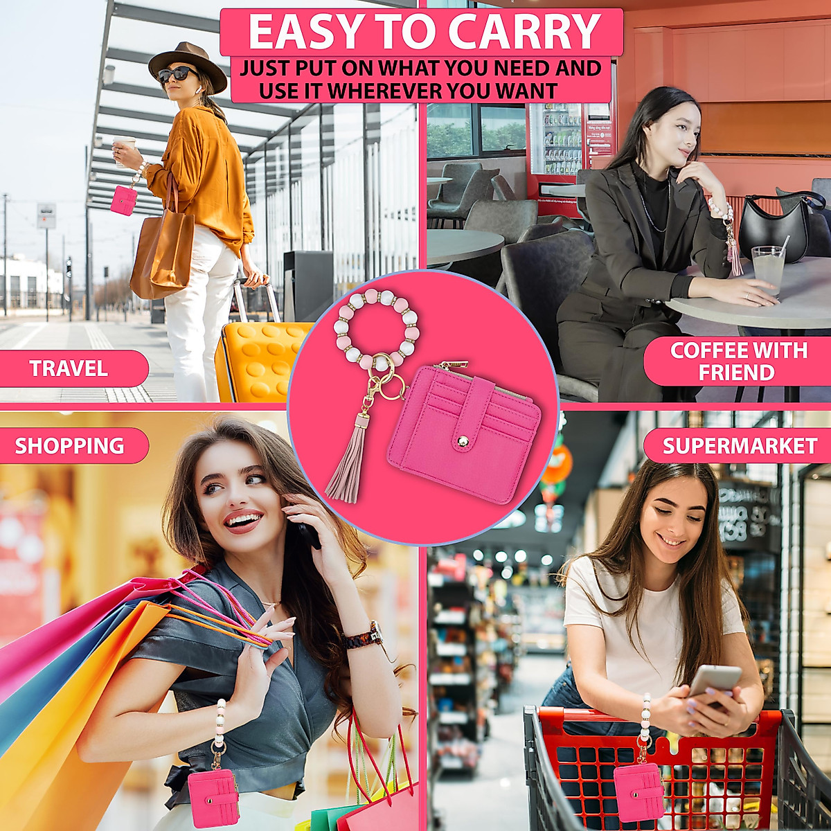 ANHBKAR Keychain Wristlet Wallet, Keychain Wallet Pocket Credit Card Holder Slim, Silicone Beads Wristlet Wallets for Women (PINK)