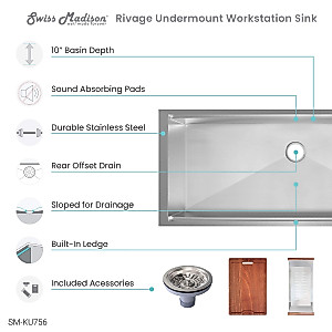 Swiss Madison Rivage 45 x 19 Single Basin Undermount Kitchen Workstation Sink, stainless steel (SM-KU756)