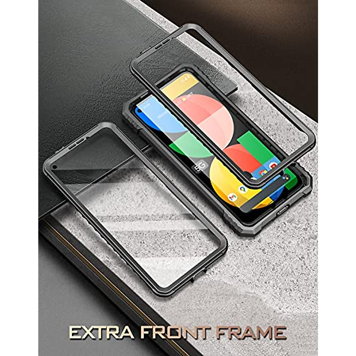 Poetic Revolution Series Case for Google Pixel 5A 5G, Full-Body Rugged Dual-Layer Shockproof Protective Cover with Kickstand and Built-in Screen Protector, Black