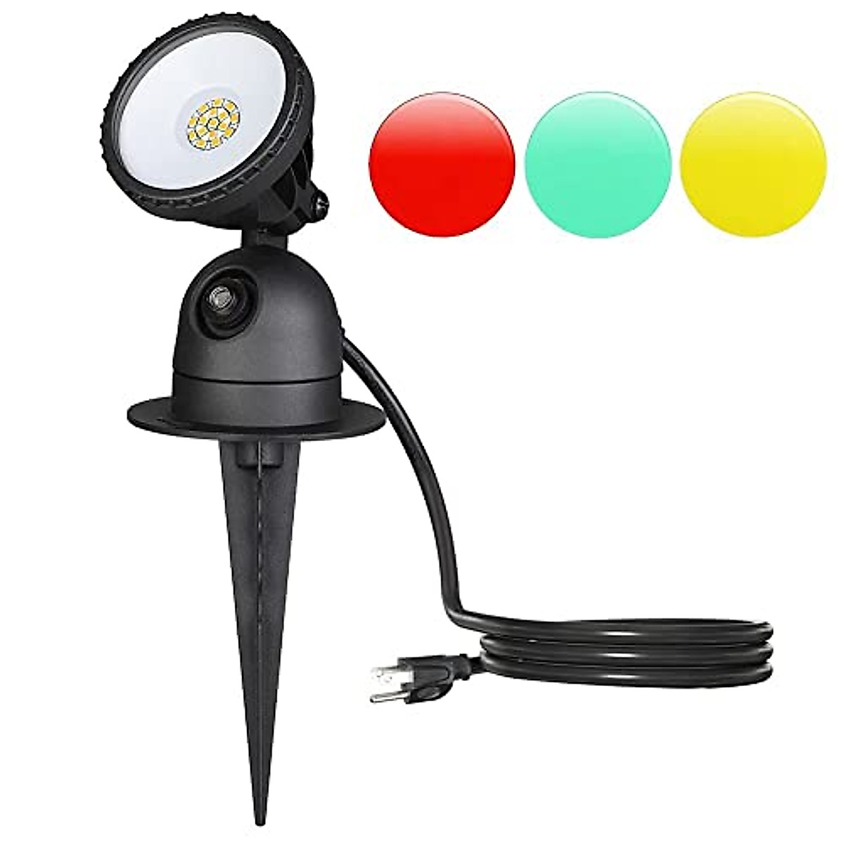EDISHINE Spotlight Outdoor LED with 3 Lenses (Red Yellow Green), Dusk to Dawn Light Sensor Plug in Landscape Light, 120V 12W LED Spot Light Outdoor with 3 FT Extension Cord, UL Listed