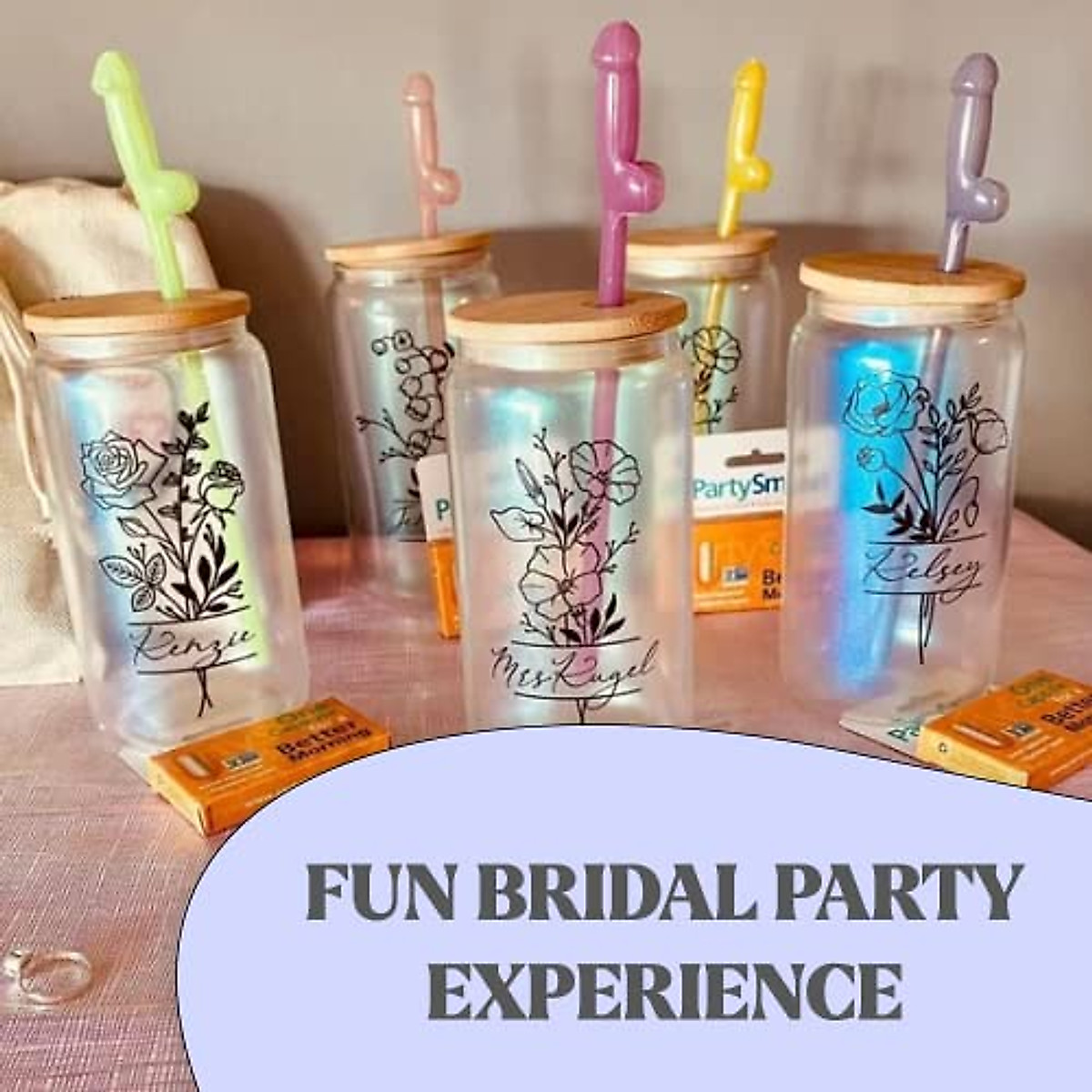 Taniri Personalized Bridesmaid Glass Tumbler Set with Straw - Flower & Name Customized Glass Tumbler - Bachelorette Party Tumblers - Bamboo Lid Iced Coffee Cup - Bridal Party Gifts