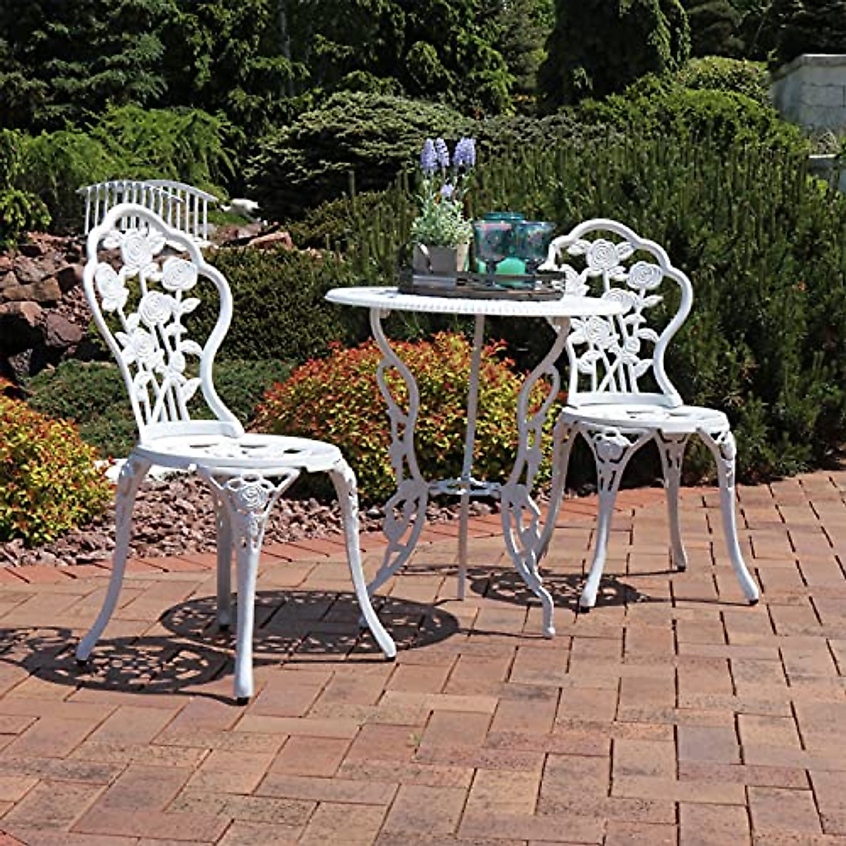 Sunnydaze 3-Piece Flower Designed Bistro Table Set with 2 Chairs, Outdoor Cast Aluminum, White