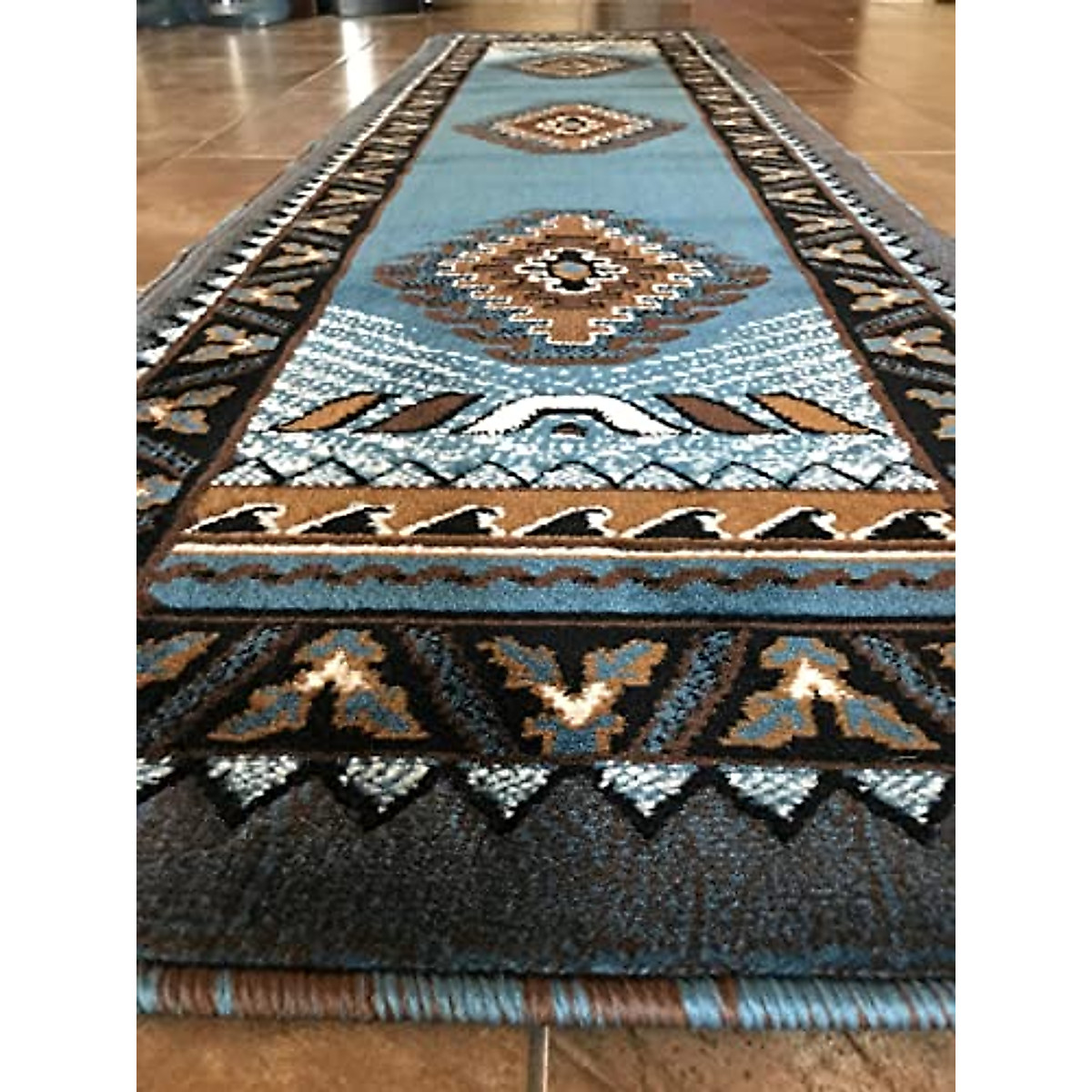 Kingdom Southwest Native American Runner Area Rug Blue & Brown Design D143 (2 Feet X 7 Feet)