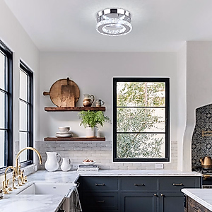 HOPGGIE Modern Crystal Chandelier LED Flush Mount Pendant Lighting Mini Ceiling Light Fixture for Bathroom Bedroom Hallway Staircase Bar Kitchen (Cold White)