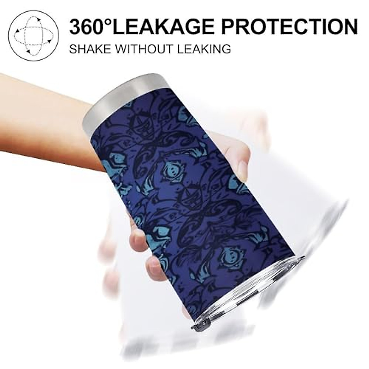 FHENMSA Reusable Plastic Water Cups with Lids,Blue Black Goth Spooky Print Anti-overflow Cup,sports Travel Coffee Cup