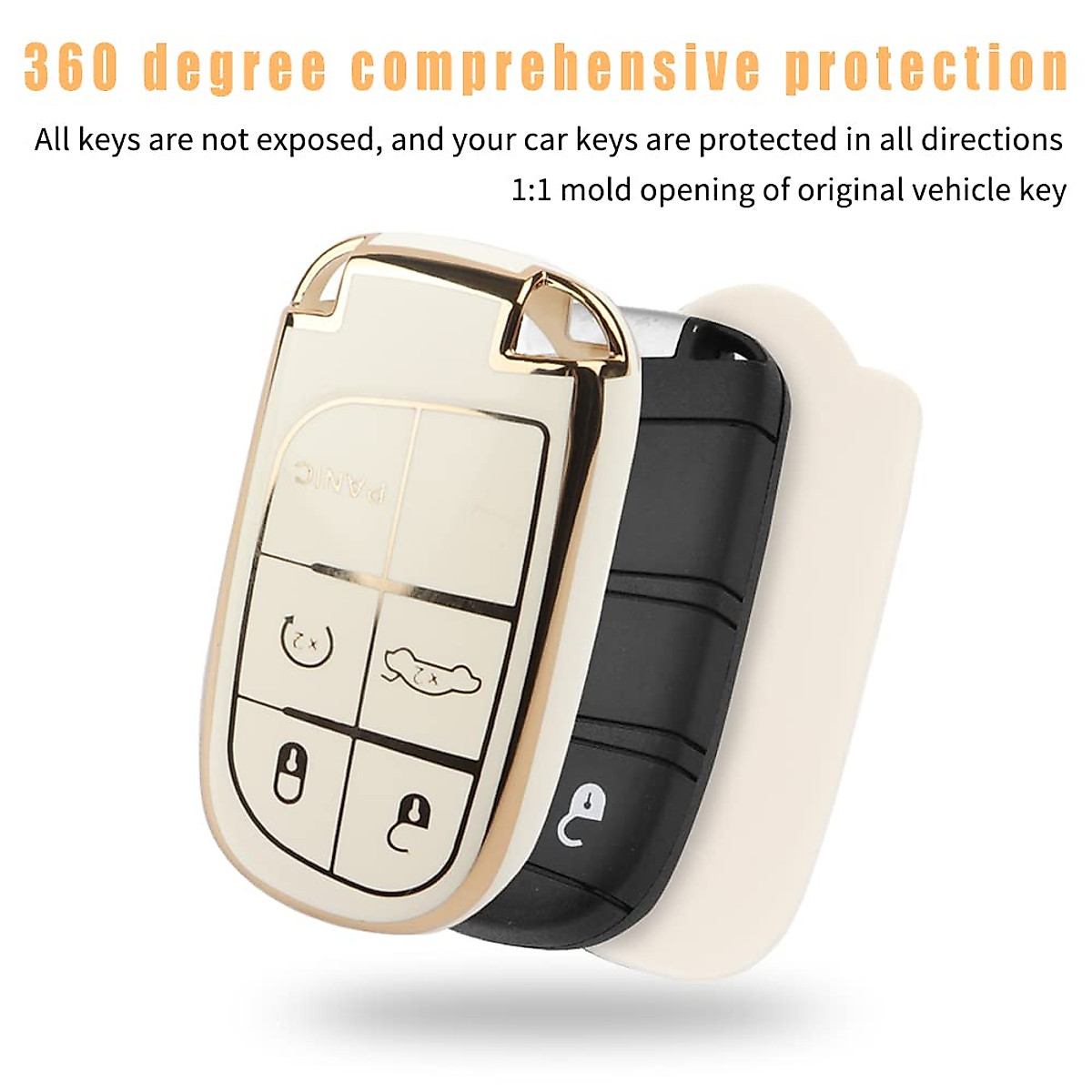 Compatible with Jeep Key Fob Cover with Keychain Grand Cherokee Renegade Chrysler Dodge RAM Journey Dart Fiat Smart Key 3 4 5 Buttons Holder - Premium Protection Car Key Case Shell, Anti-dust, White