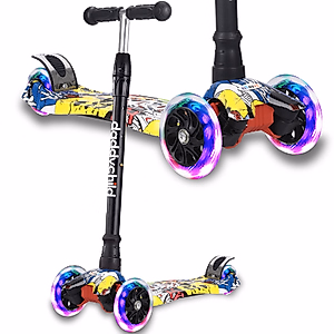 Scooters for Kids 3 Wheel Kick Scooter for Toddlers Girls & Boys, 4 Adjustable Height, Lean to Steer, Extra-Wide Deck, Light Up Wheels for Children from 3 to 14 Years Old (Pop Graffiti 2)