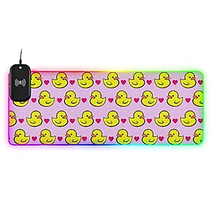 VKPSCHJ Desk Pad with Wireless Charging Ducks and Pink Heart Large RGB Gaming Mouse Pads 10 Light Modes Polka Dots 15W Computer Keyboard Mat Antislip Protector Mats for Office Home Table Gaming Decor