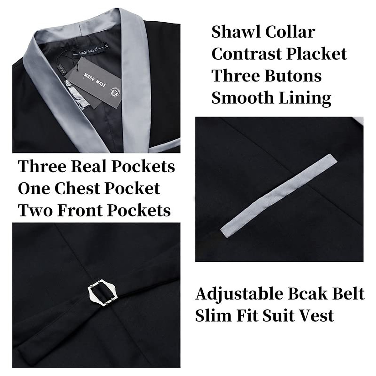 MAGE MALE Men's 2 Piece Suit Slim Fit Formal Business Vest Suit for Men Fashion Casual Wedding Waistcoat Pants Set Black