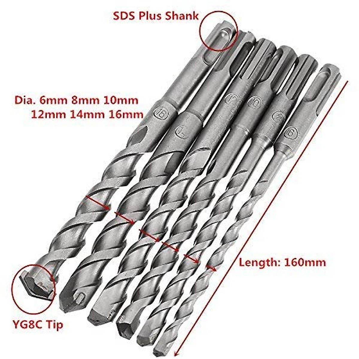 LOVPAIN6pcs SDS-Plus Rotary Hammer Drill Bit Set Round Handle Two Slots Impact Drill Bits 6mm 8mm 10mm 12mm 14mm 16mm