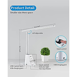 seebest Rechargeable Desk Lamp with 15W Fast Wireless Charger, USB Charging Port, Table Lamp for Home Office, Touch Control Eye-Caring Stepless Dimming, Foldable Little Lamp, for Reading Work