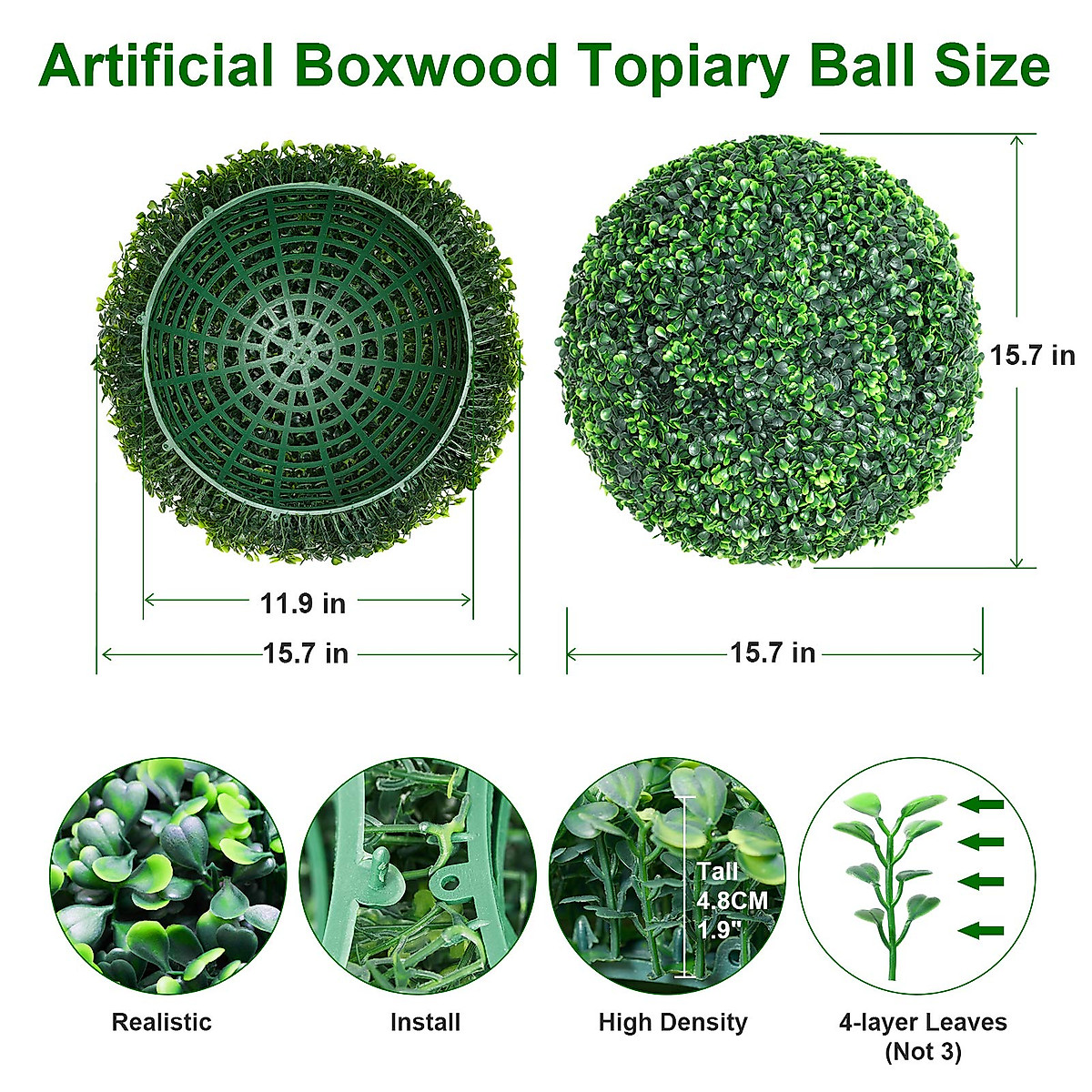 VegasDoggy 2 PCS 15.7 Inch Artificial Boxwood Balls Topiary - UV Protected 4 Layers Faux Plants Decorative Balls for Indoor, Outdoor, Garden, Wedding, Balcony, Backyard and Home Decor