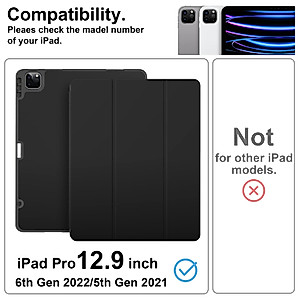 Supveco New iPad Pro 12.9 Inch Case 2022/2021 (6th/5th Gen) with Pencil Holder [Support iPad 2nd Gen Pencil Charging/Pair],Trifold Stand Smart Case with Soft TPU Back,Auto Wake/Sleep-(Black)