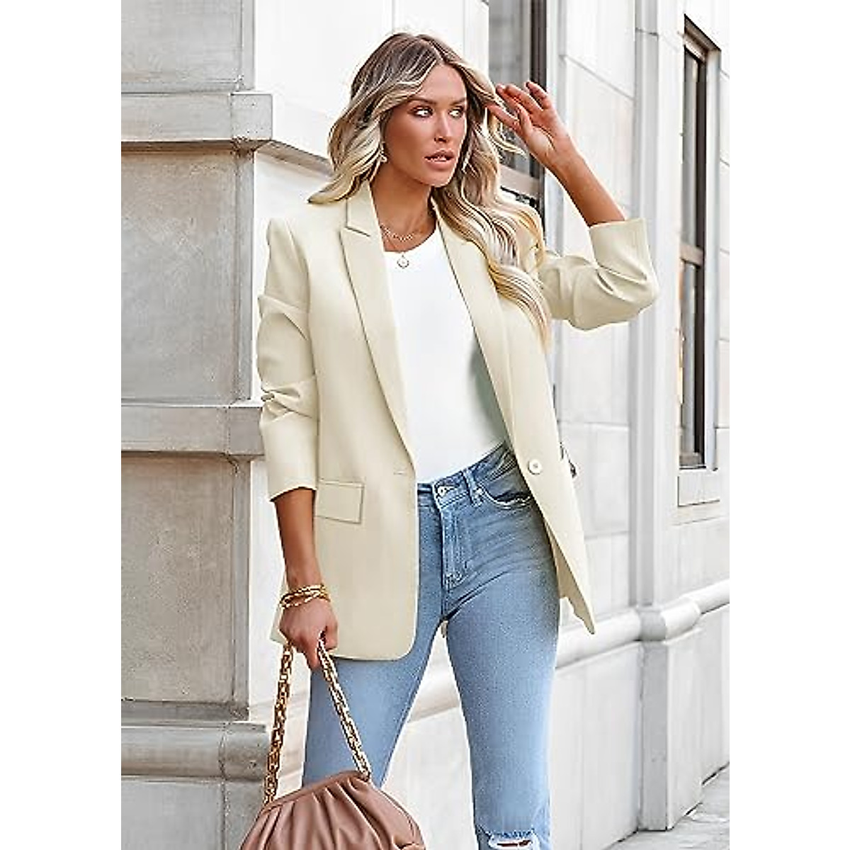 LCRRRN Womens Business Casual Loose Blazers Long Sleeve Pockets Work Professional Jacket Blazer Suit (L, Off White)