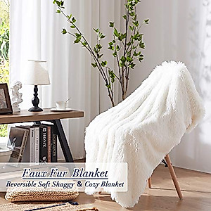 NexHome Soft Shaggy Faux Fur Blanket Throw Blanket 50" x 60", Women Girls Luxury Fuzzy Plush Comfy Microfiber Long Faux Fur Decorative Blankets for Sofa Couch Bed Chair Photo Props, Cream White