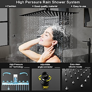 Rain Shower System 12 inch Shower Faucet Set with Tub Spout,Bathroom Wall Mounted Waterfall Shower Head Faucet Sets Complete with Handheld Spray,Rough-in Valve Body and Trim kit,Matte Black