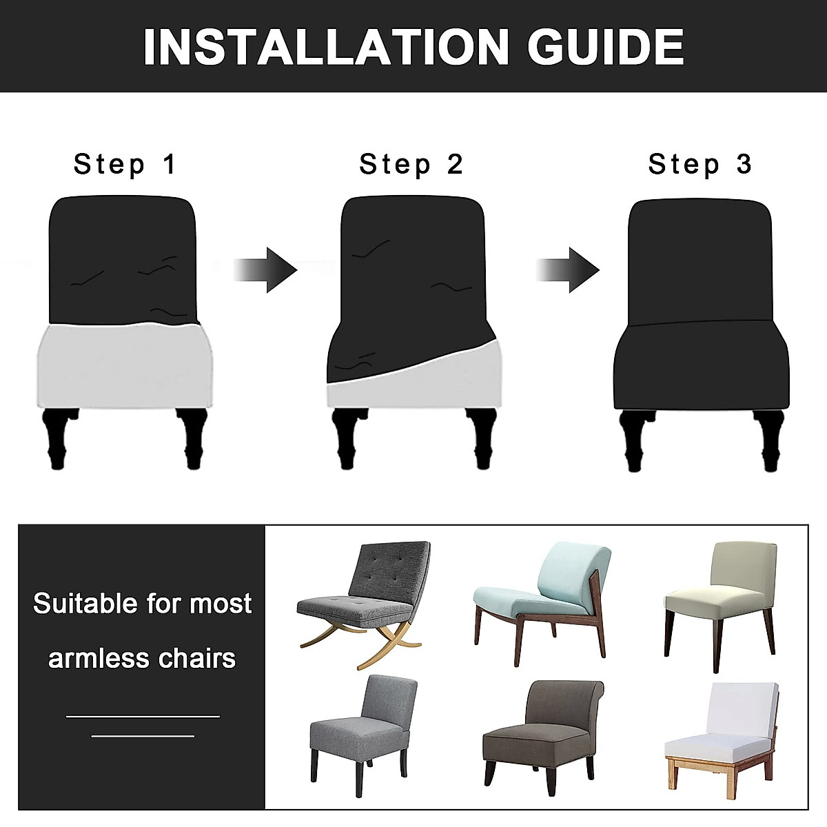 GULI Armless Chair Slipcover, Stretch Velvet Accent Chair Cover for Dining Chair, Removable Wingback Chair Slipcover and Washable Furniture Protector slipcovers for Wide Back Chairs (Black)