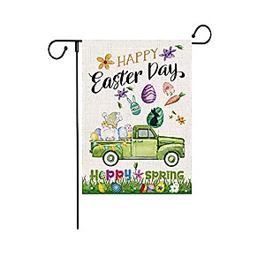 Happy Easter Day Garden Flags, Gnome Eggs Truck Vertical Double Sized Burlap Flag for Spring House Yard Outdoor Decor 12.5 x 18 Inch (Multi)