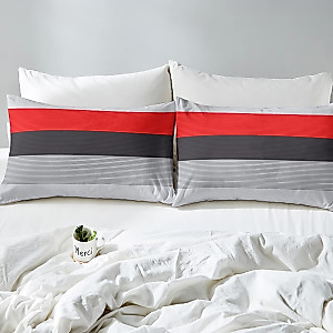 Erosebridal Stripes Duvet Insert for Women, Gray and Black Red Patchwork Striped Bedding Set, Modern Abstract Art Comforter Set Ombre Bright Gray Stripes Quilt Farmhouse Decorations, Queen Size